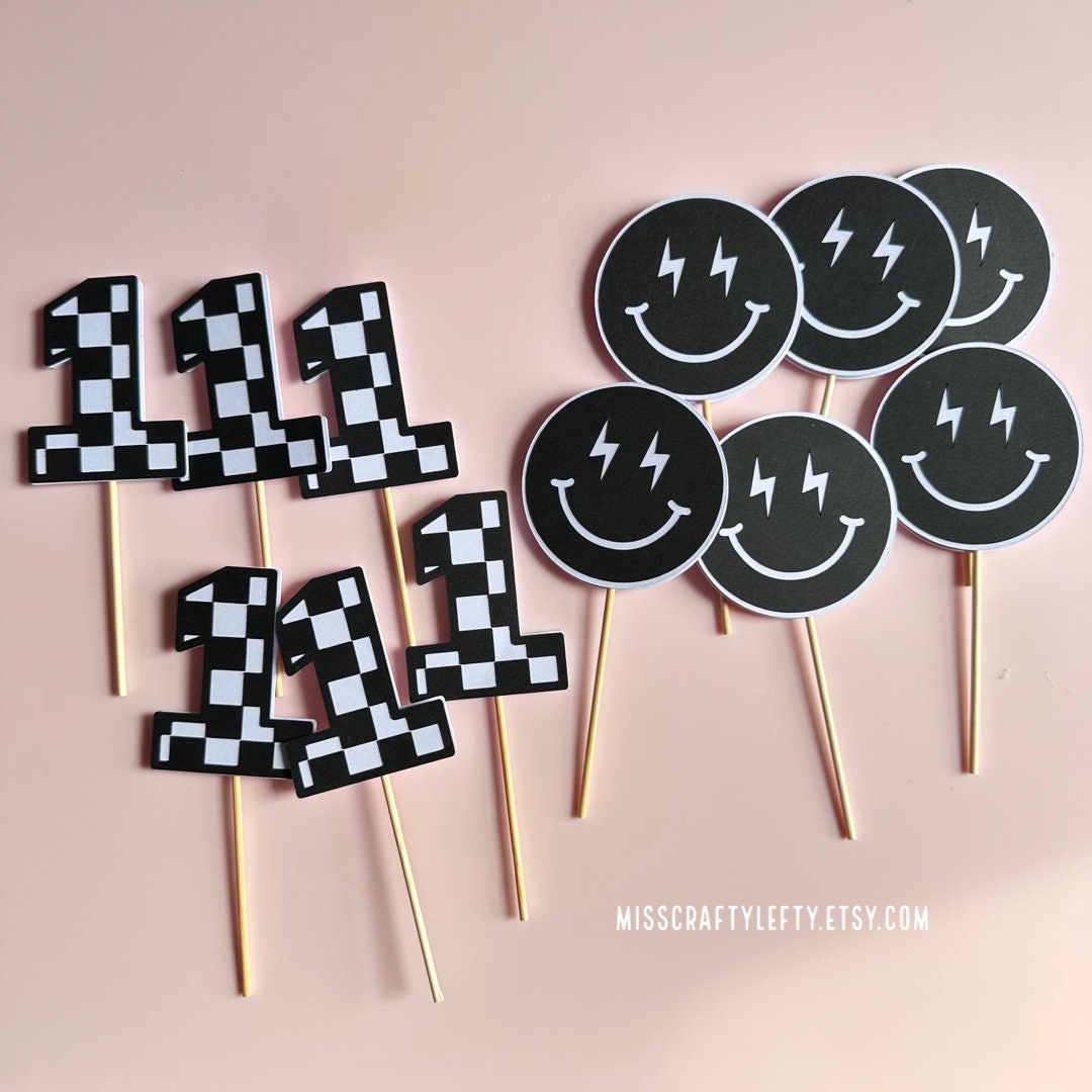 Smiley Face Cupcake Toppers | Checkered Number Cupcake Decorations ...