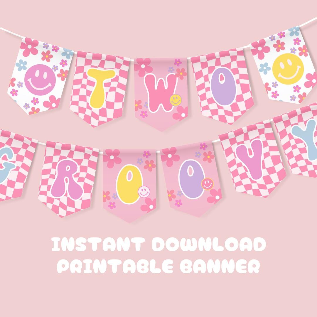 Printable Banner Two Groovy Pink Checkered 5x7 Pennants Instant ...