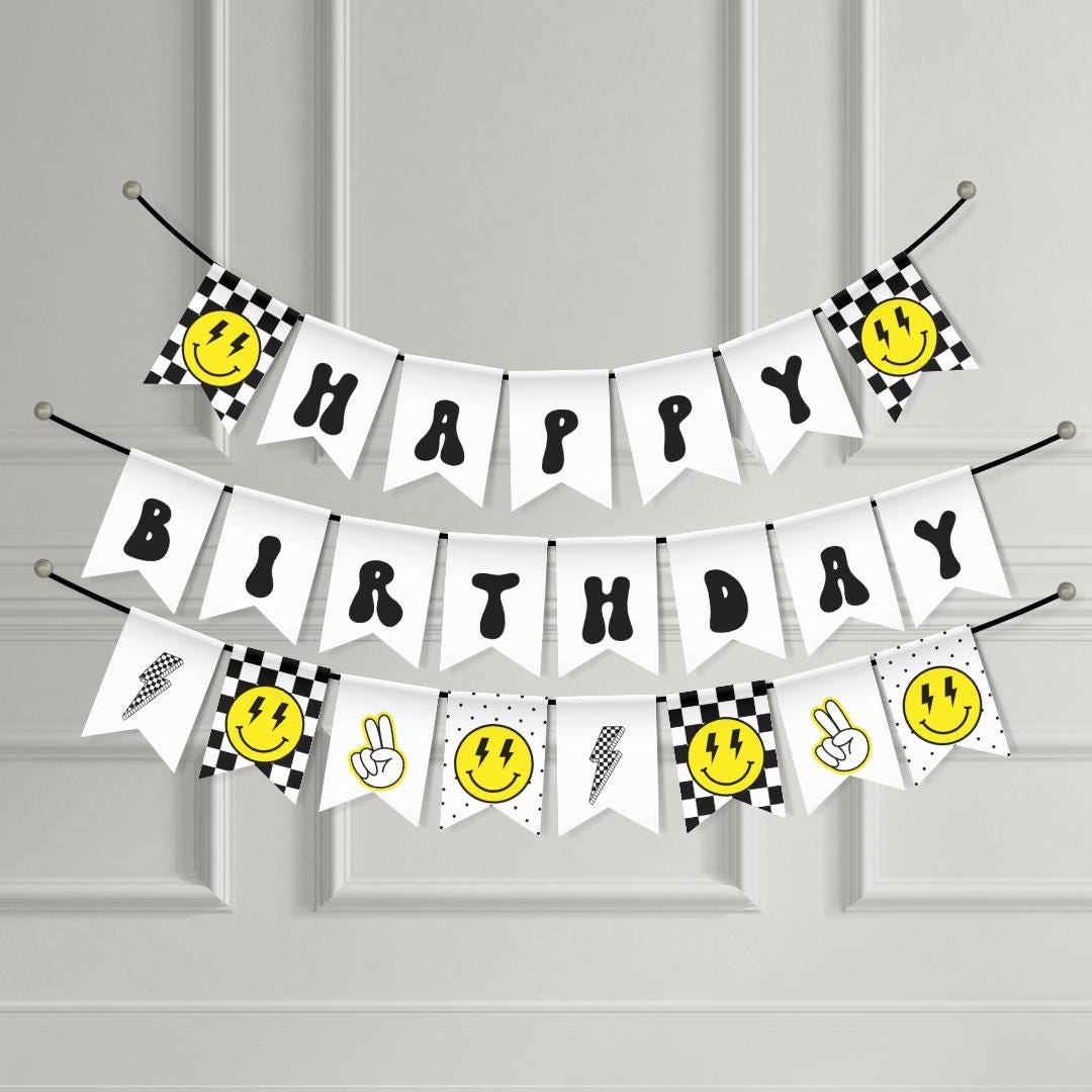 Printable Banner Yellow Checkered Retro Smiley Face 5x7 Pennants ...