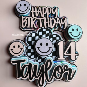 Smiley Face Cupcake Toppers Checkered Cake Picks Rad Party Decorations ...