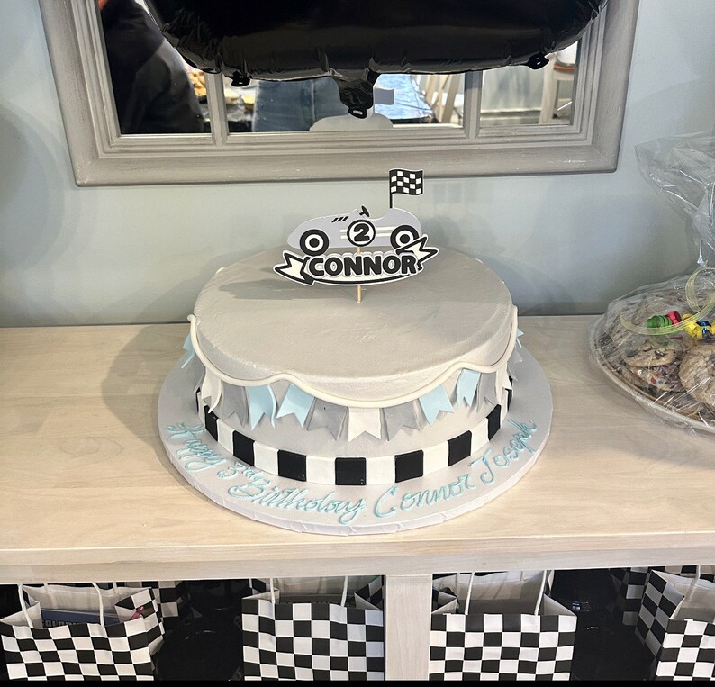 Dusty Blue Race Car Cake Topper Checkered Flag Party Decorations - Etsy