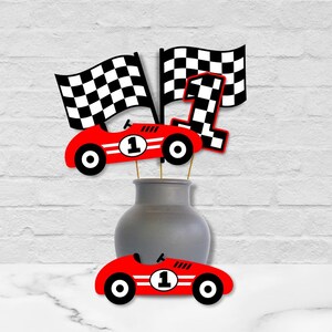 Printable Centerpieces | Red Race Car Fast One Checkered Party Decor ...