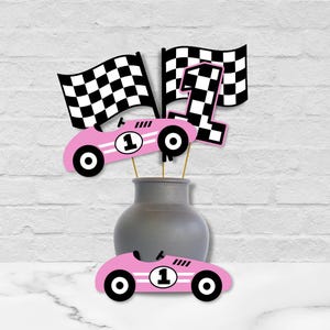 Printable Centerpieces | Pink Race Car Fast One Checkered Party Decor ...