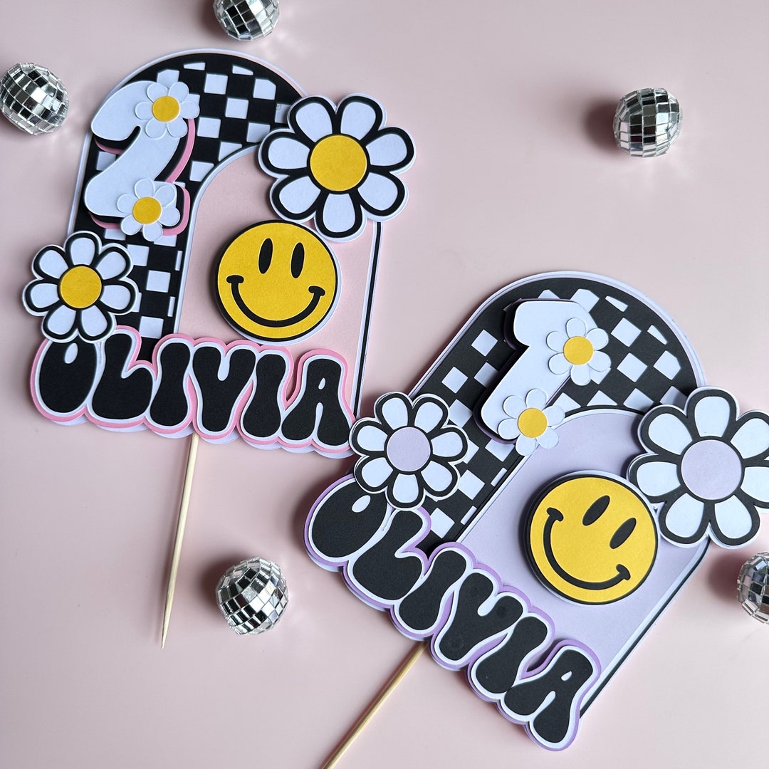 Smiley Face Cake Topper | Checkered Cake Decorations | Daisy Cake ...