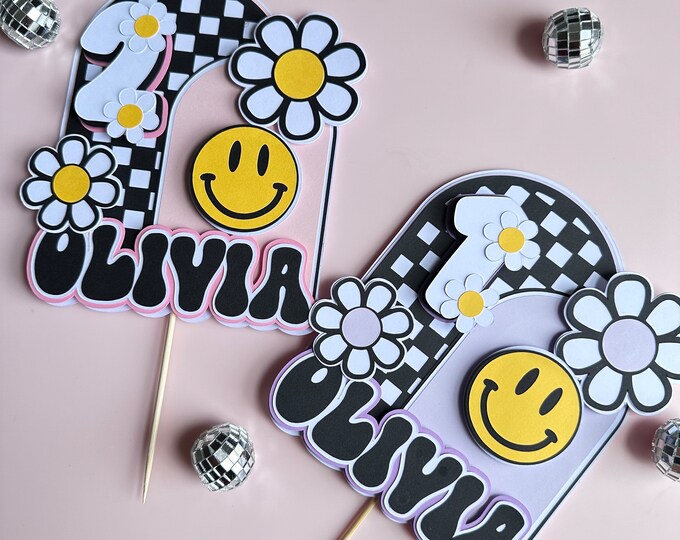 Smiley Face Cake Topper | Checkered Cake Decorations | Daisy Cake ...