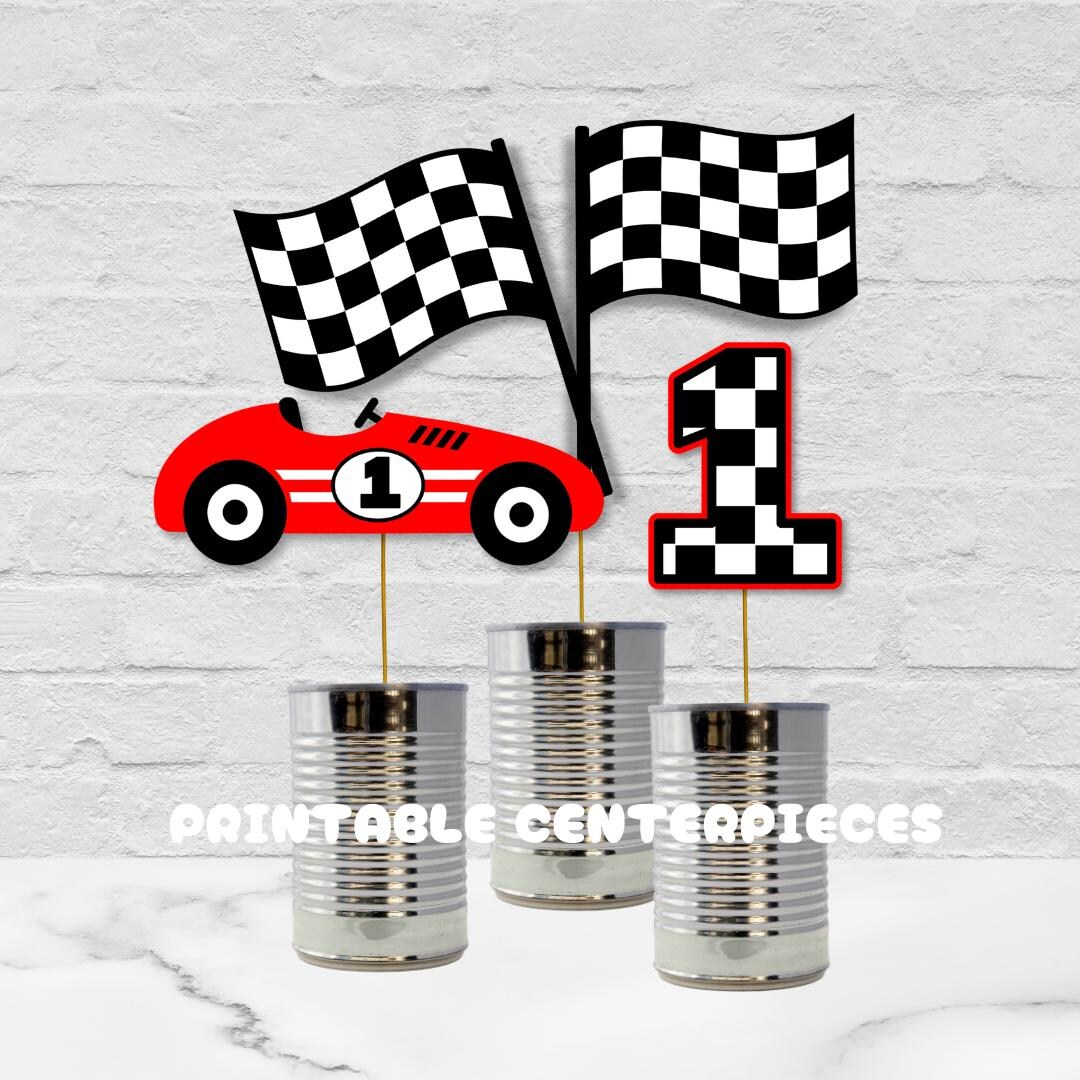 Printable Centerpieces Red Race Car Two Fast Checkered Party Decor ...