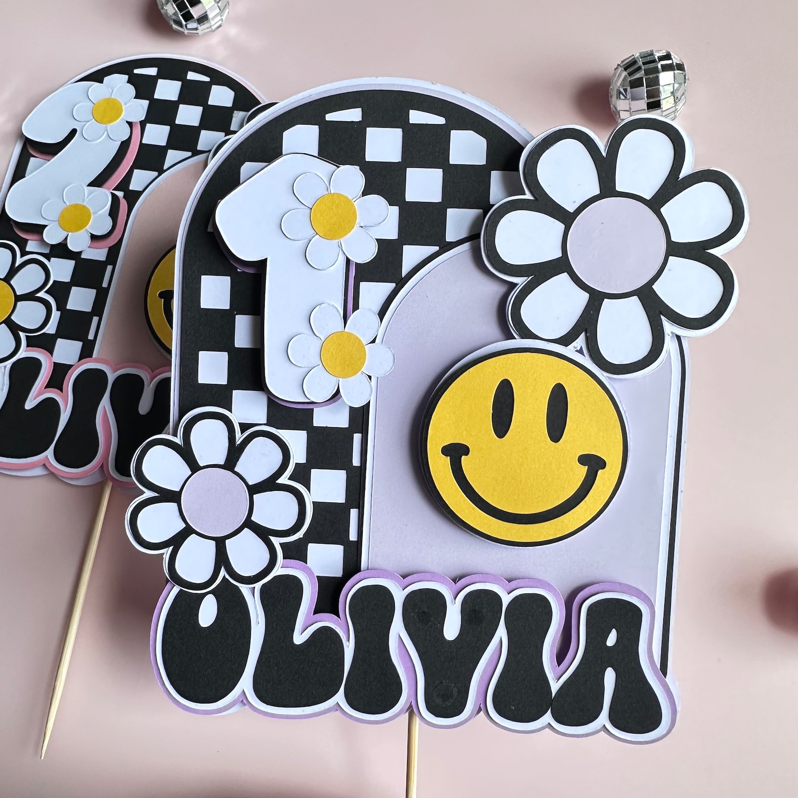 Smiley Face Cake Topper | Checkered Cake Decorations | Daisy Cake ...
