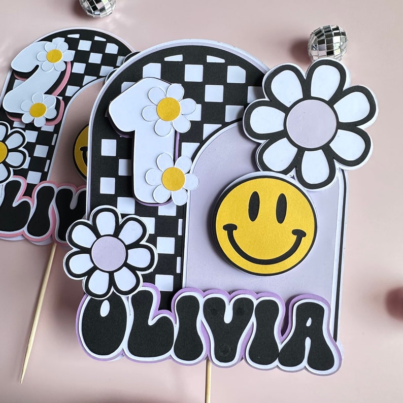 Smiley Face Cake Topper | Checkered Cake Decorations | Daisy Cake ...