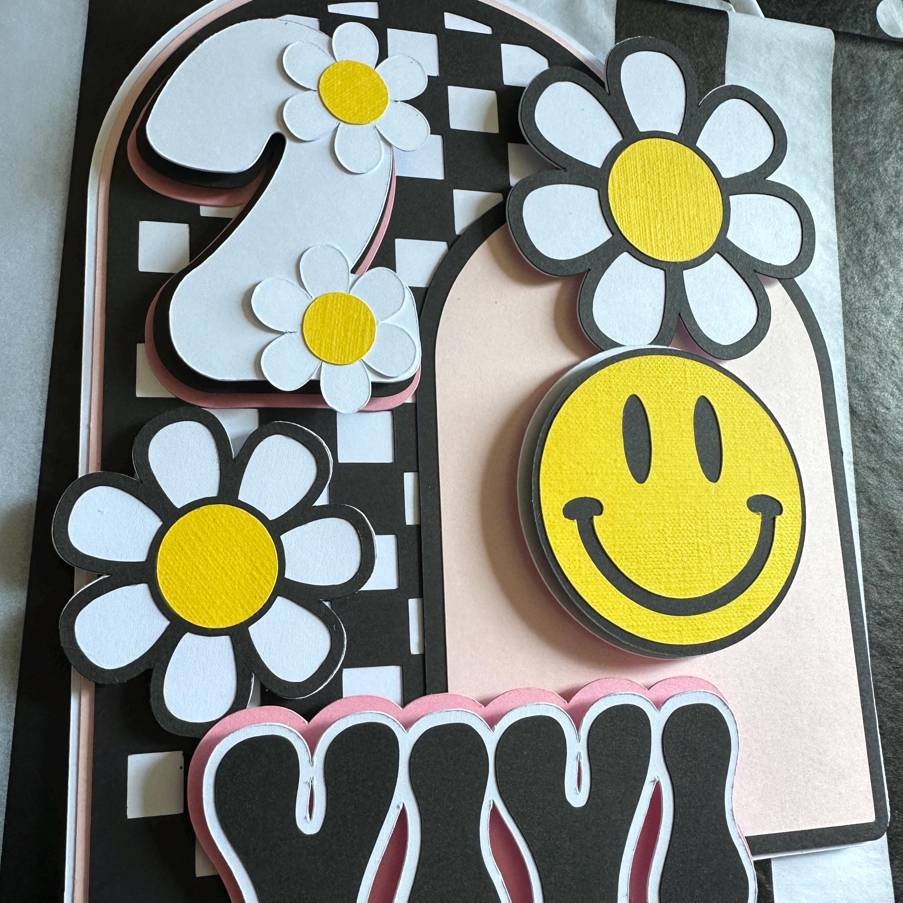 Smiley Face Cake Topper | Checkered Cake Decorations | Daisy Cake ...
