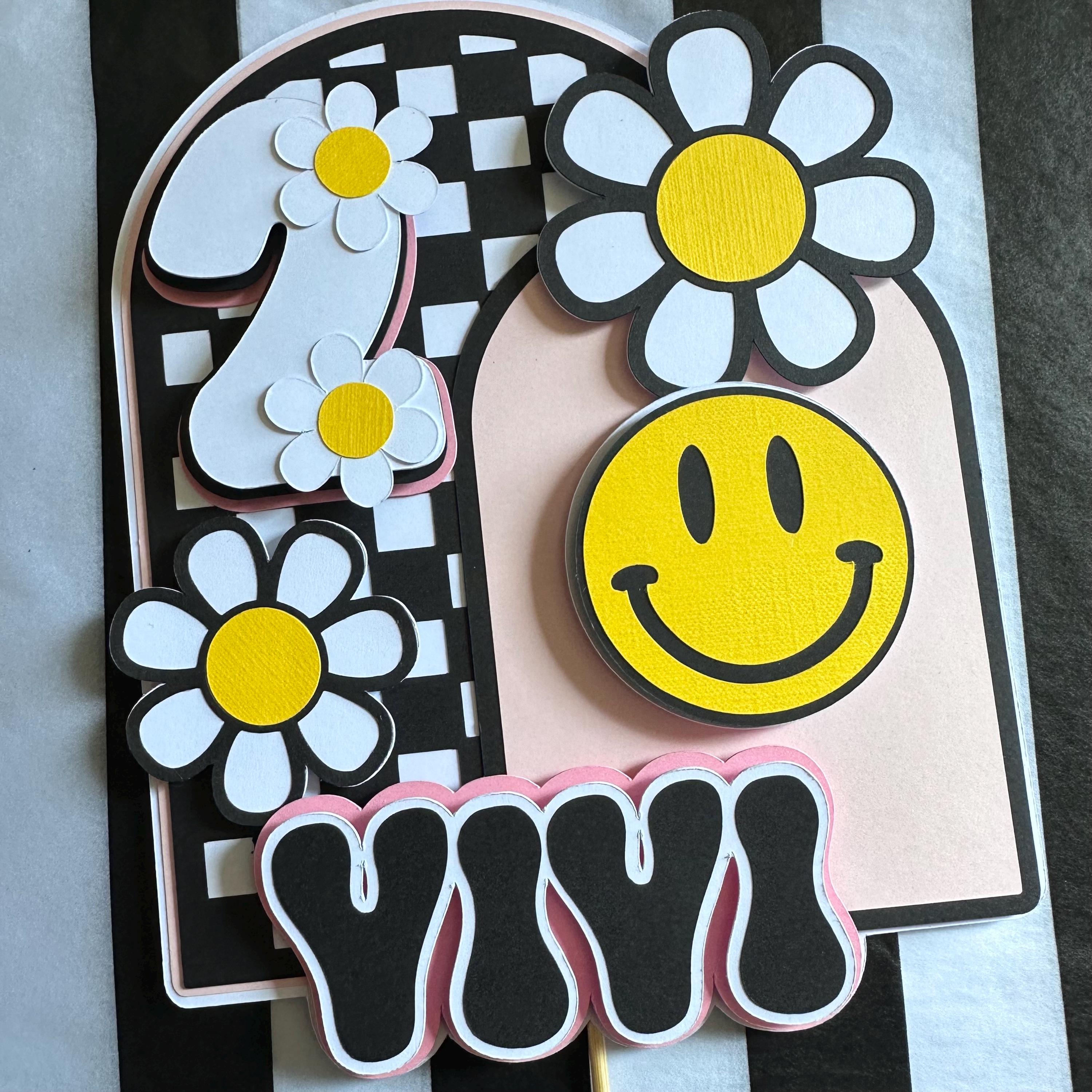 Smiley Face Cake Topper | Checkered Cake Decorations | Daisy Cake ...