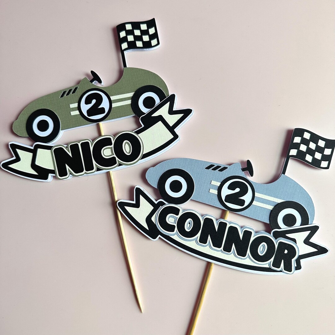 Dusty Blue Race Car Cake Topper Checkered Flag Party Decorations - Etsy