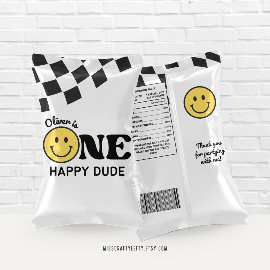 Editable One Happy Dude Smiley Face Chip Bag Wrapper | Canva Template ...