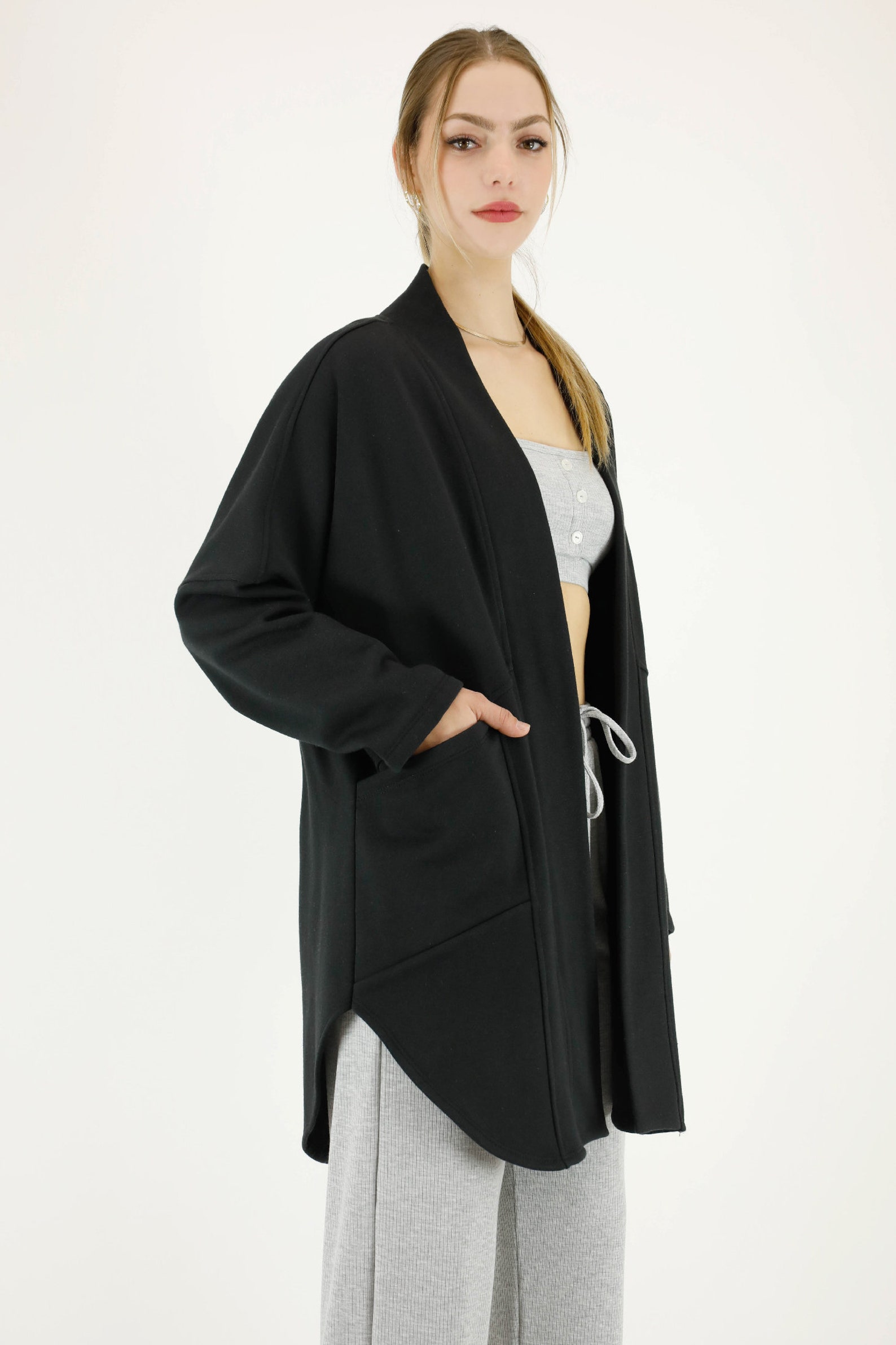 Women's Cotton Fleece Longline Kimono Jacket With Pockets for Everyday ...