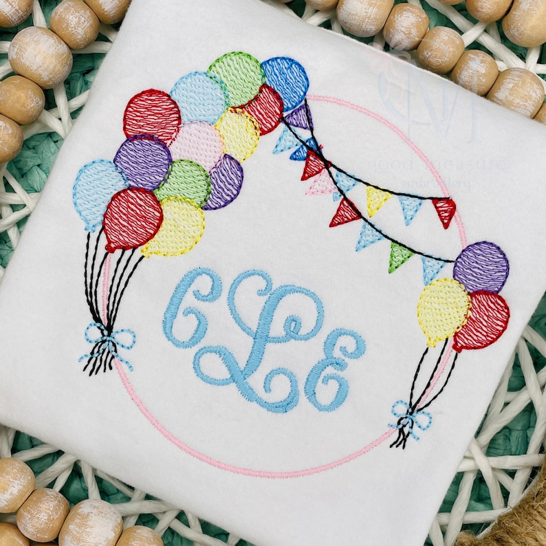Balloons & Banner Birthday Monogram Frame Sketch Stitch Machine ...