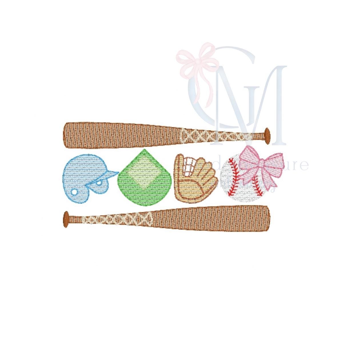 Girly Softball Baseball Gear Sketch Embroidery Design - Etsy