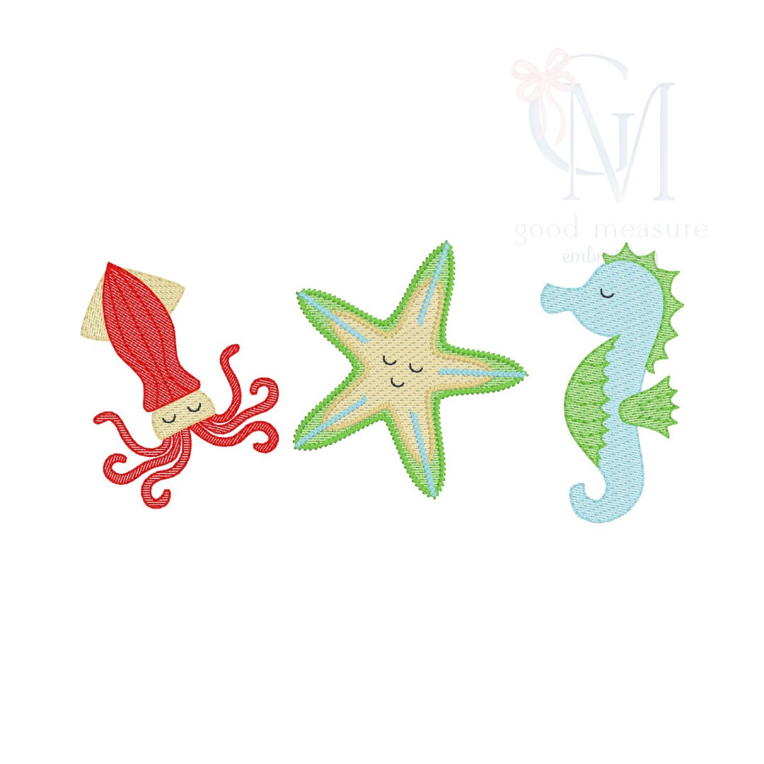 Summer Boy Sea Creatures Trio Sketch Stitch Machine Embroidery Design ...