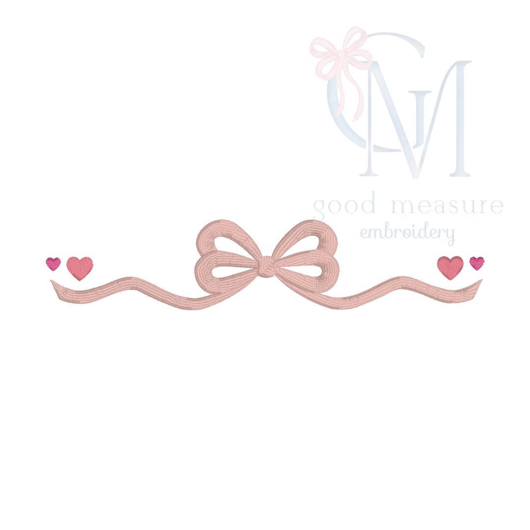 Valentines Elegant Long Bow With Hearts Satin Stitch Machine Embroidery ...