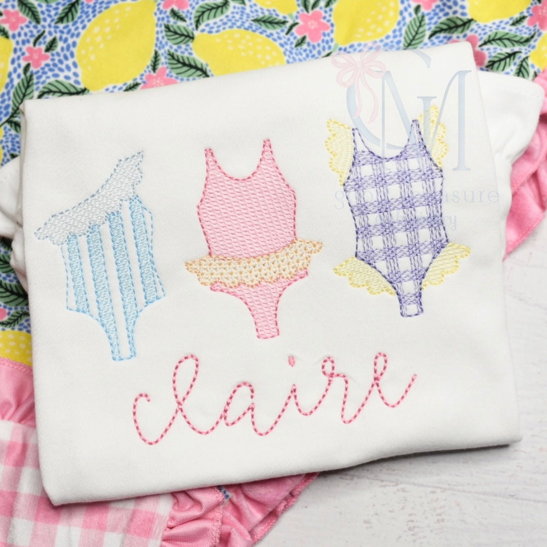 Girls Summer Swimsuits Gingham Stripe Sketch Stitch Machine Embroidery ...