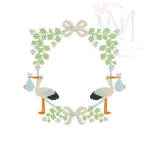 Double Stork Baby Ivy Floral Crest Machine Embroidery Design - Etsy
