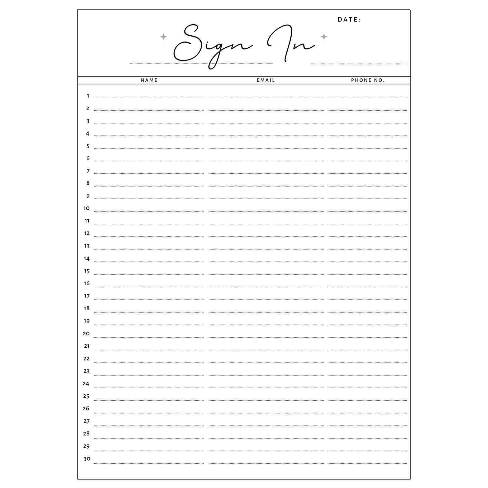 Printable Sign in Sheet - Etsy