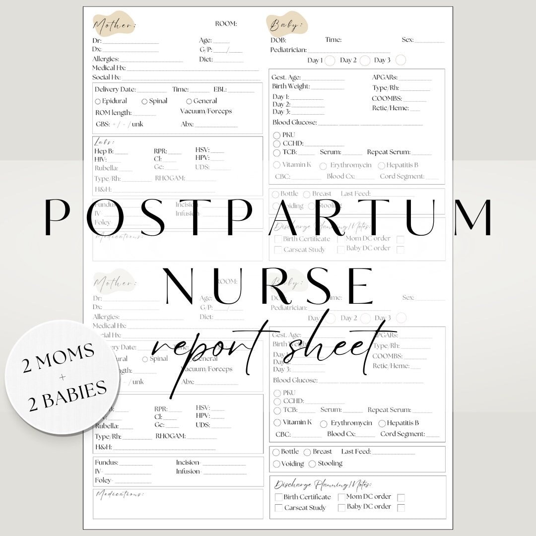 Editable Postpartum RN Report Sheet 2 Couplets Instant Download, Mother ...