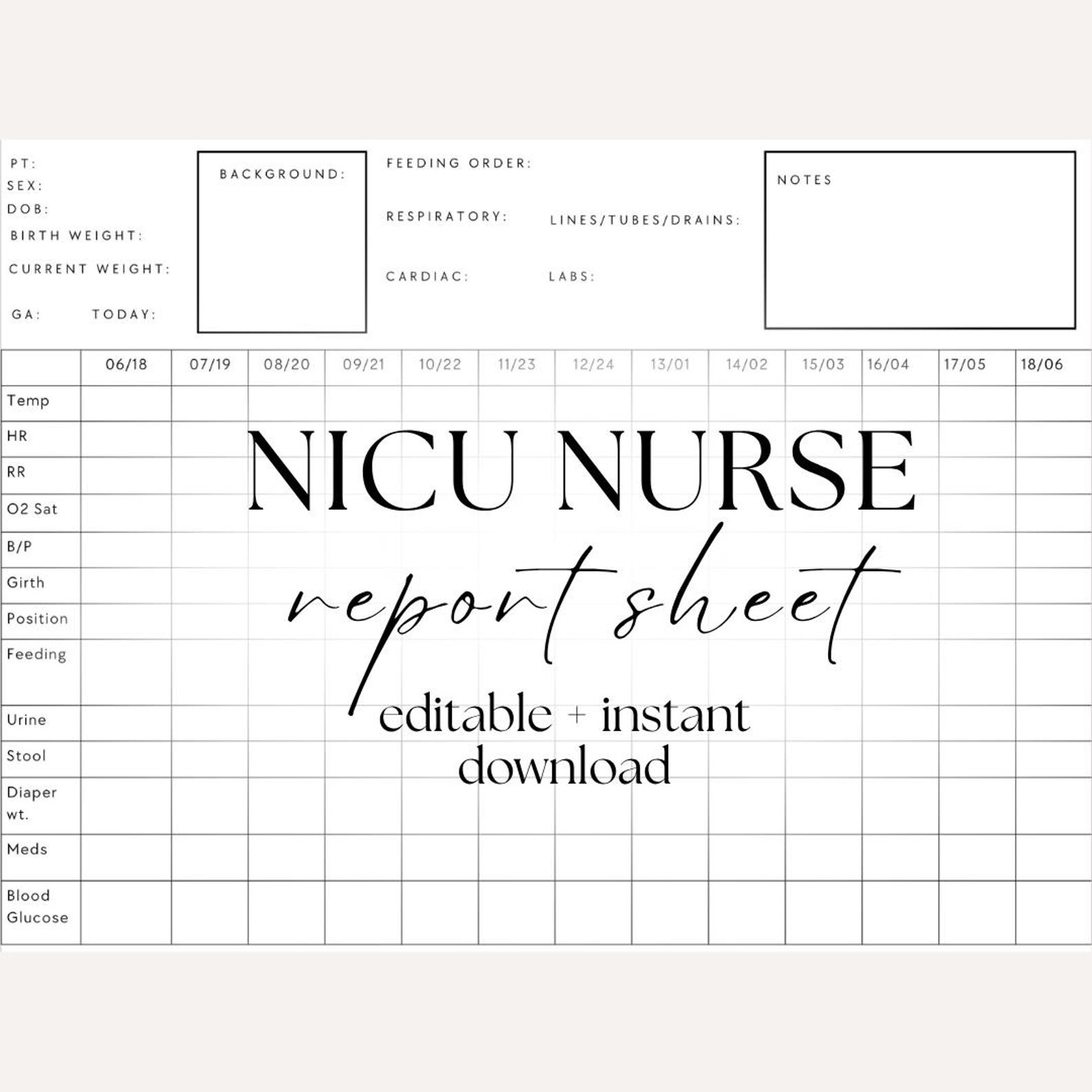 Editable NICU Nurse Report Sheet Template, Brain Sheet for NICU RN ...