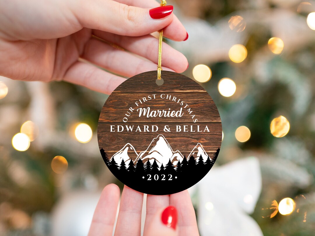 Our First Christmas Married Metal Ornament Faux Warm Wood Mountain ...