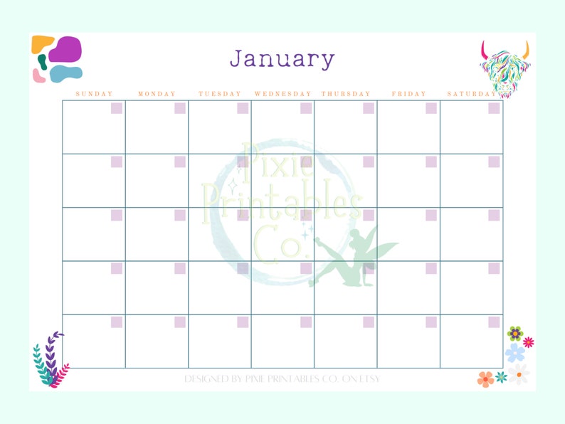 Highland Coo Printable 12 Monthly Calendars Sunday Start A4 Landscape ...