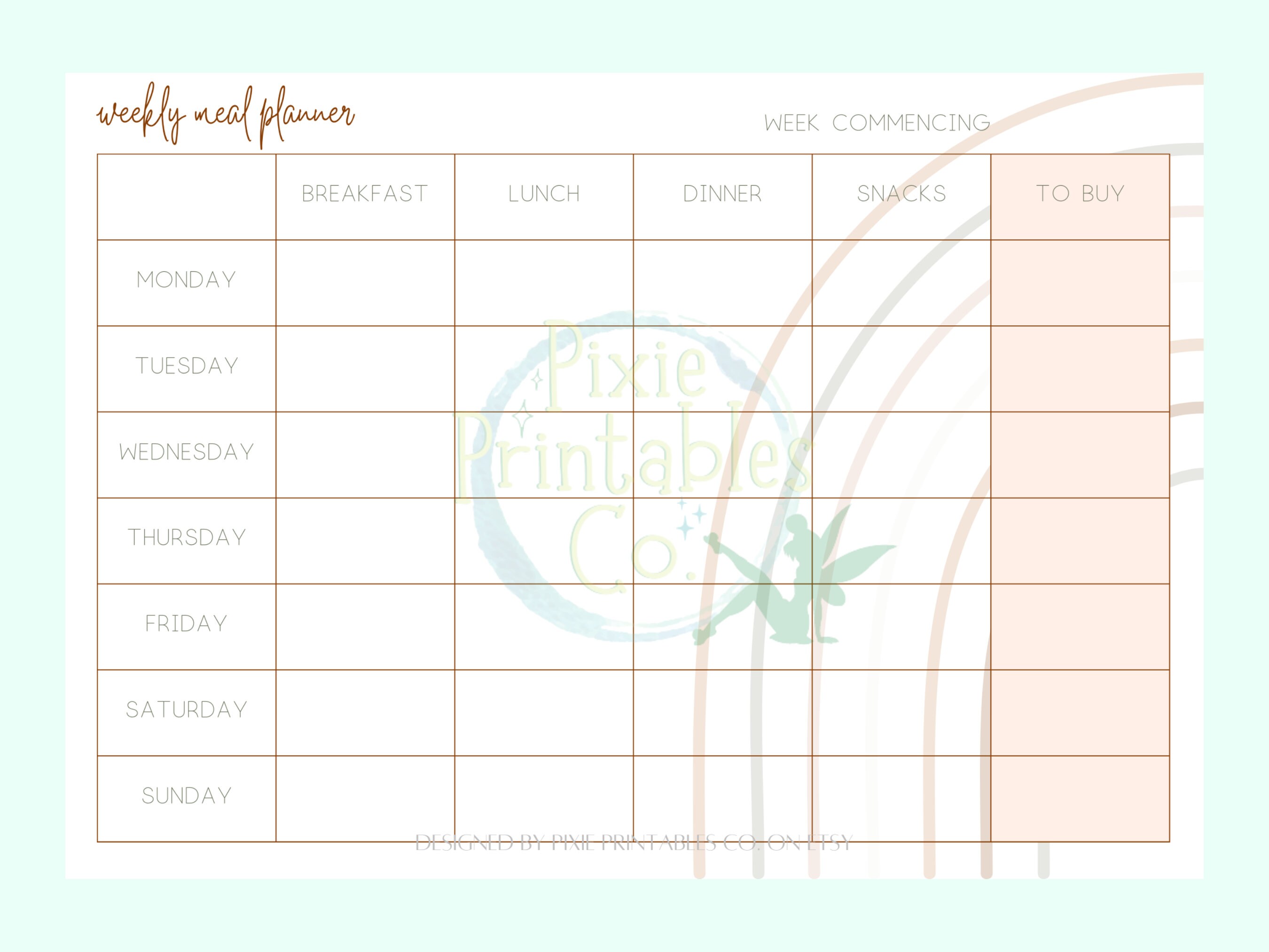 Bohemian Printable Weekly Meal Planner A4 Landscape Horizontal PDF ...