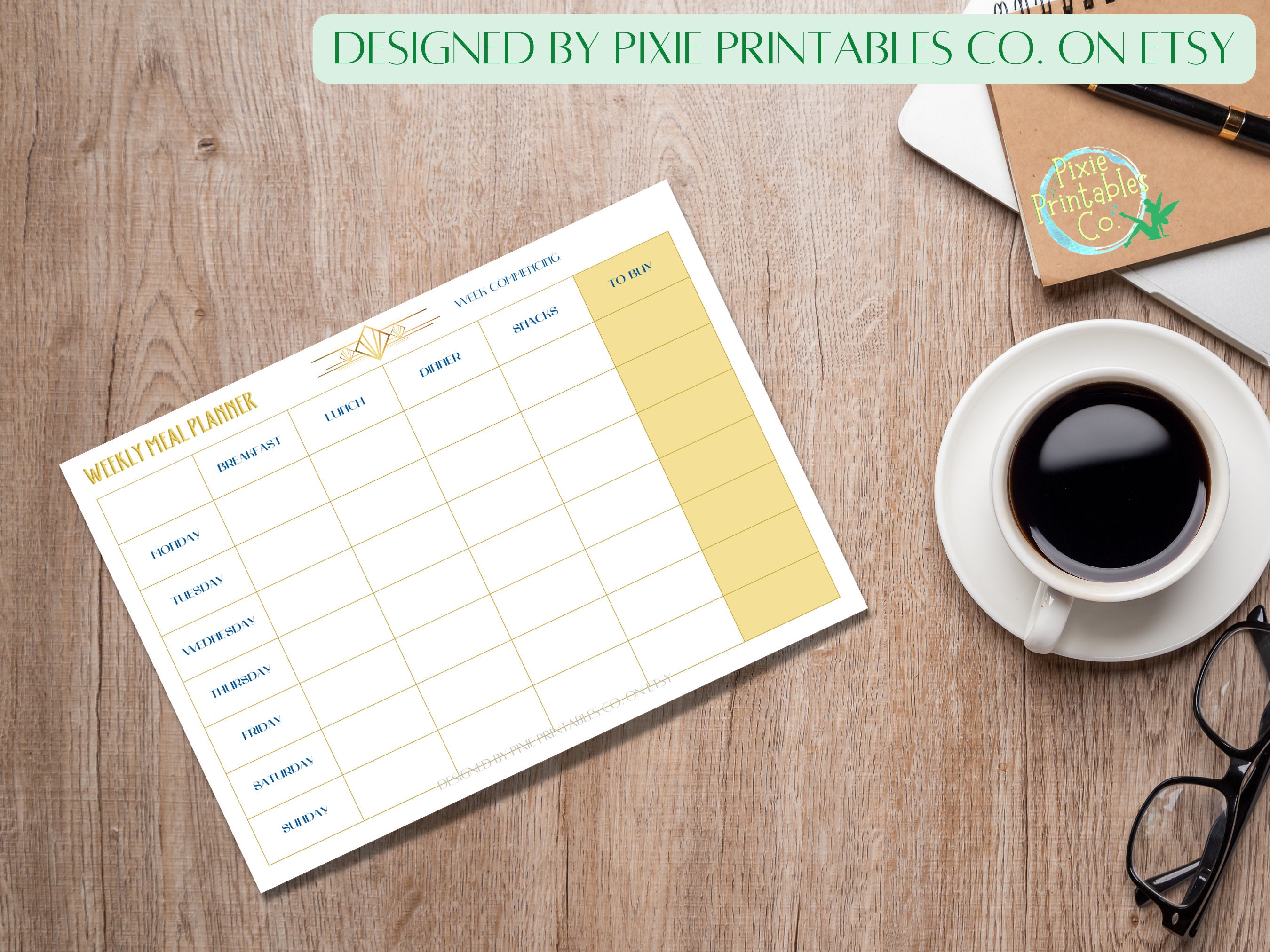 Art Deco Printable Weekly Meal Planner A4 Landscape Horizontal PDF ...