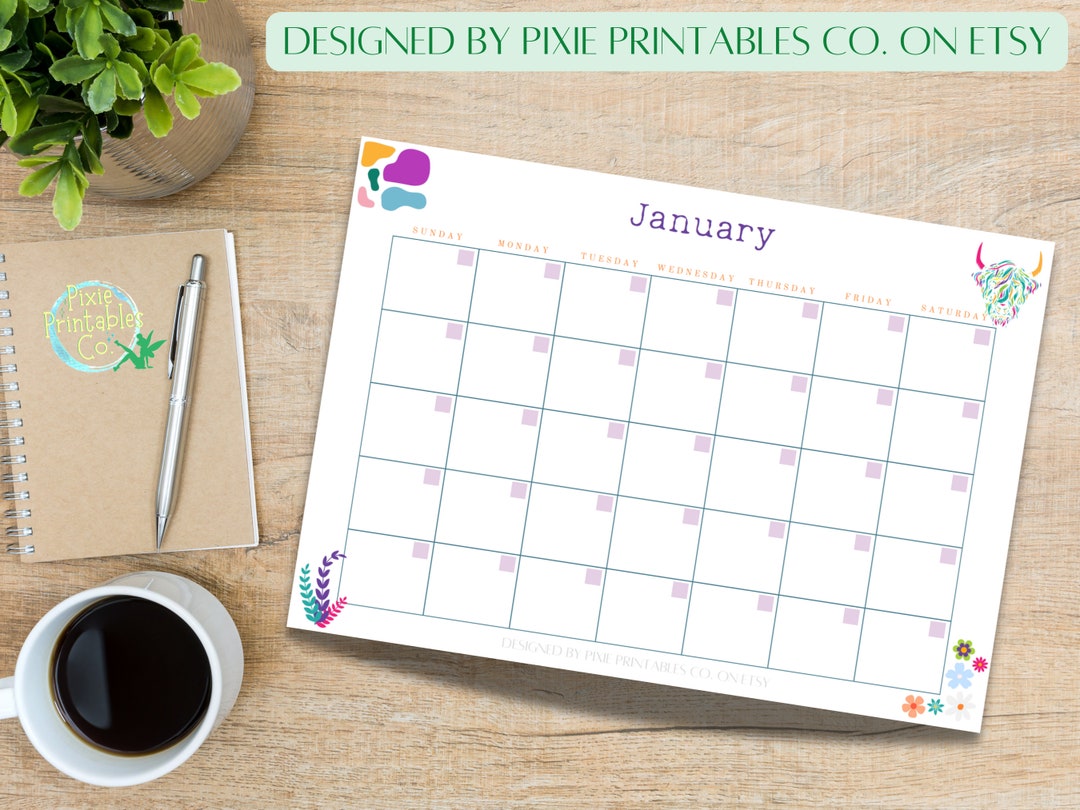 Highland Coo Printable 12 Monthly Calendars Sunday Start A4 Landscape ...