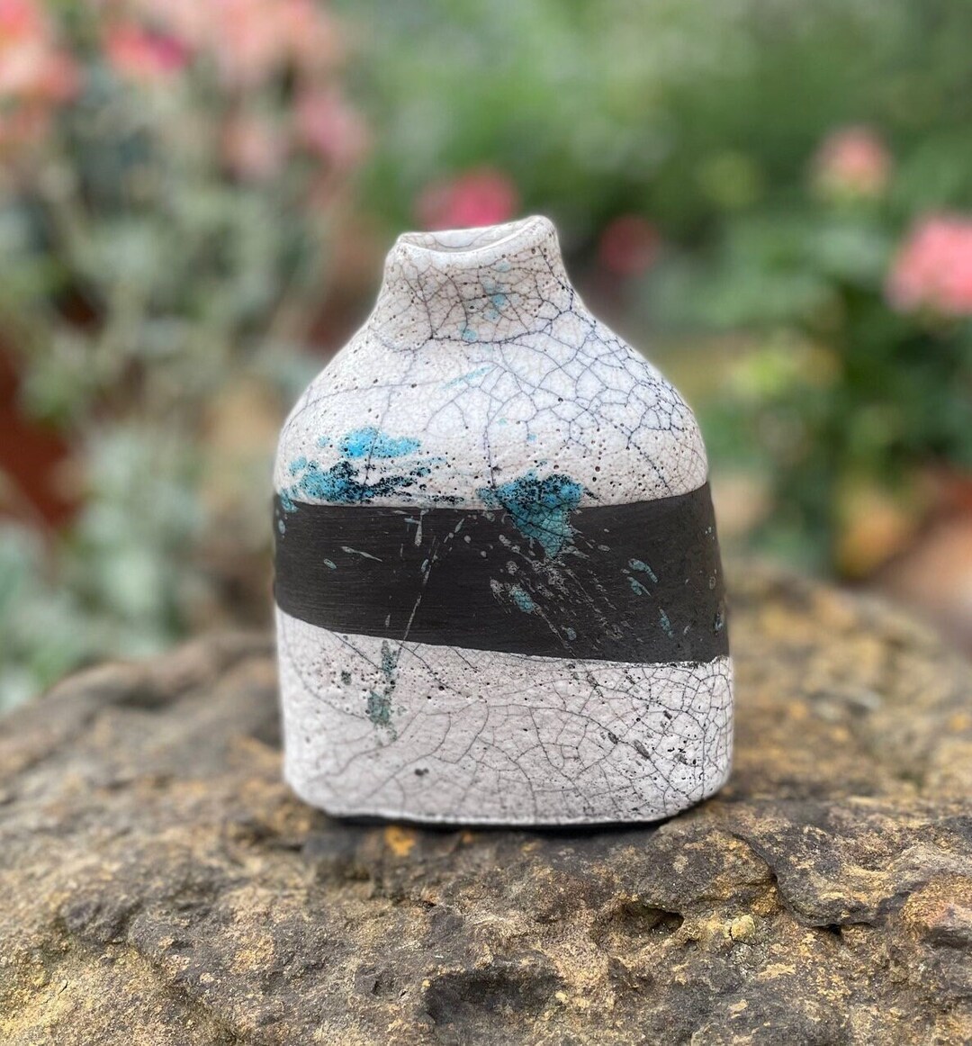 Raku Bottle Jar Flask Torn-necked White Glazed With Black Band Ceramic ...