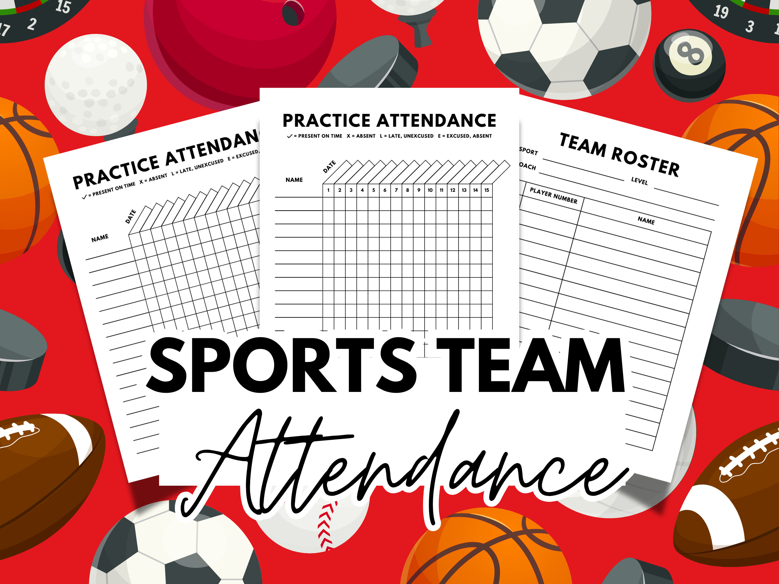 Sports Team Practice Attendance Sheet | Attendance Log | Team Roster ...