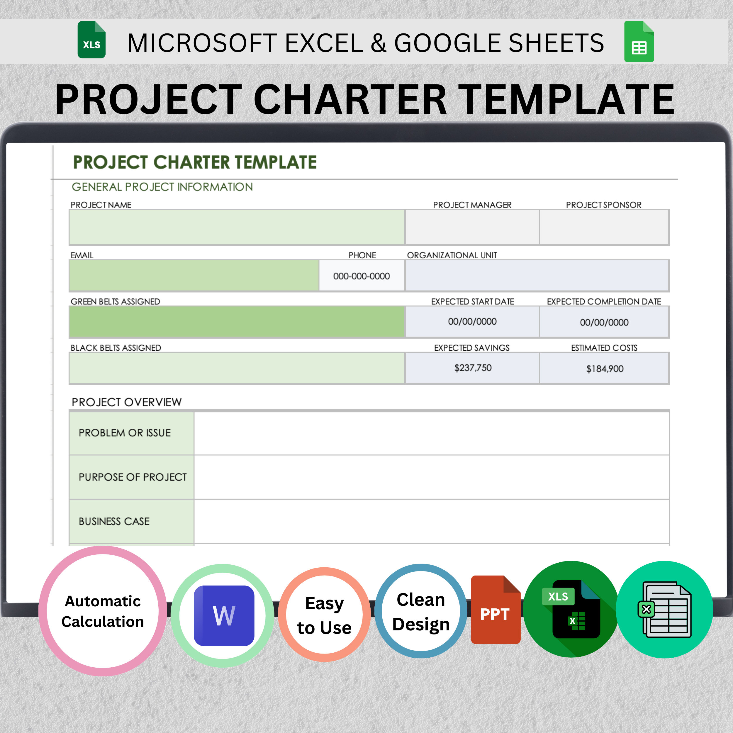 Project Charter Template Bundle: Excel, Powerpoint, Word (digital ...