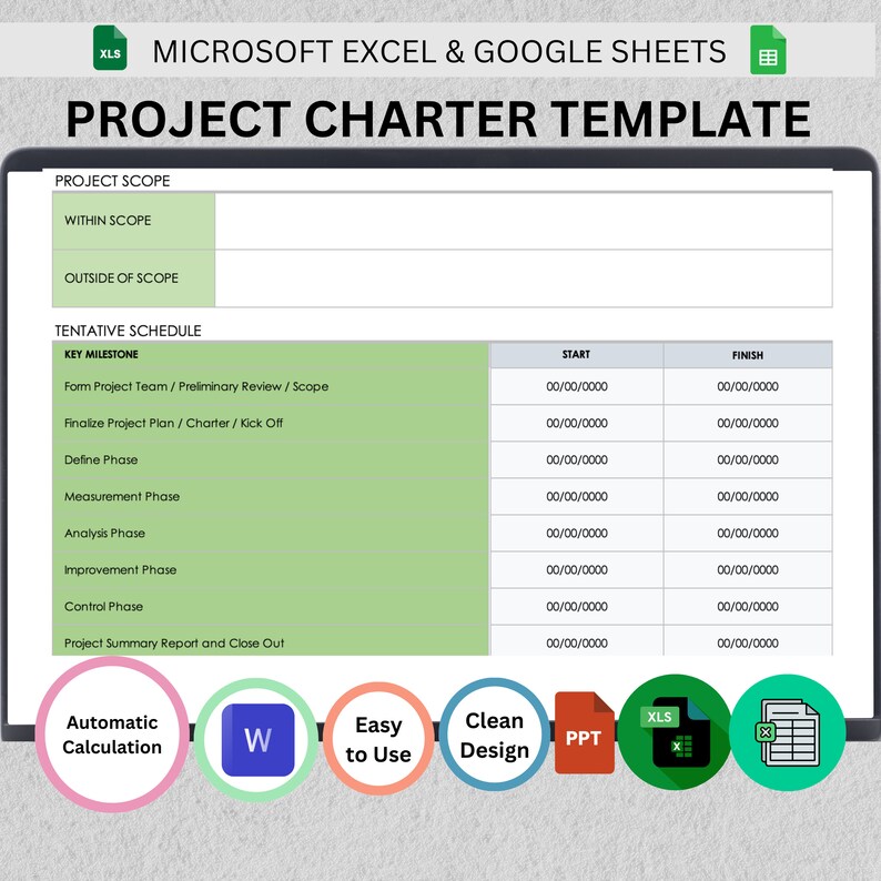 Project Charter Template Bundle: Excel, Powerpoint, Word (digital ...