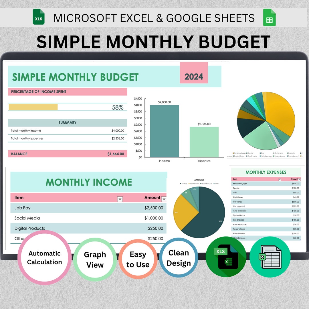 Simple Monthly Budget Template: Excel & Google Sheets (digital Download ...
