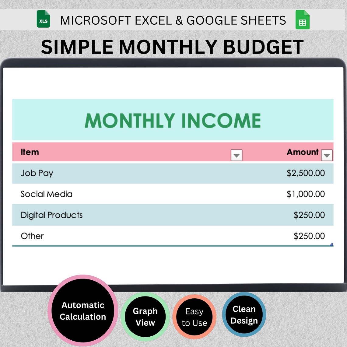 Simple Monthly Budget Excel Template Spreadsheet Google Sheets Digital ...