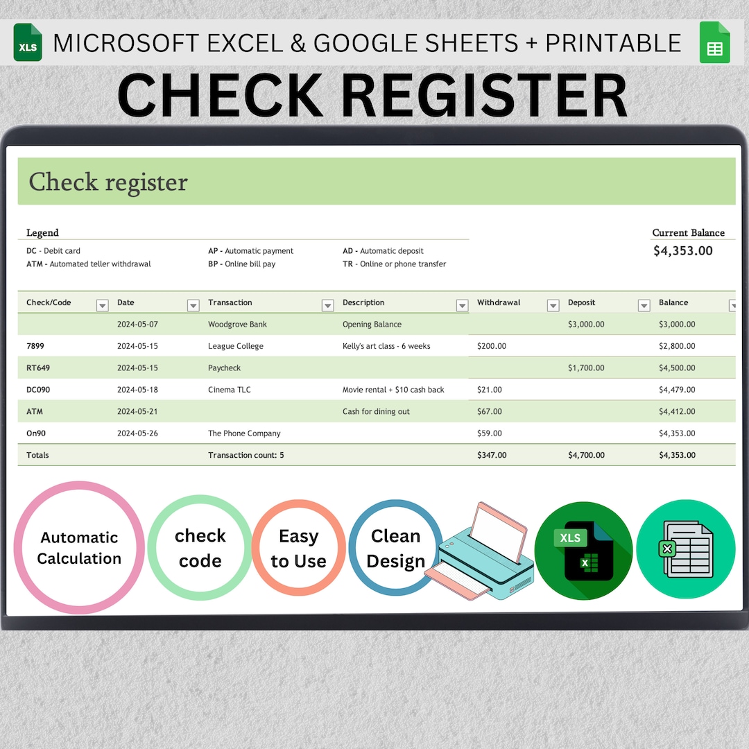 Excel Check Register Template: Printable Checkbook Register (digital ...