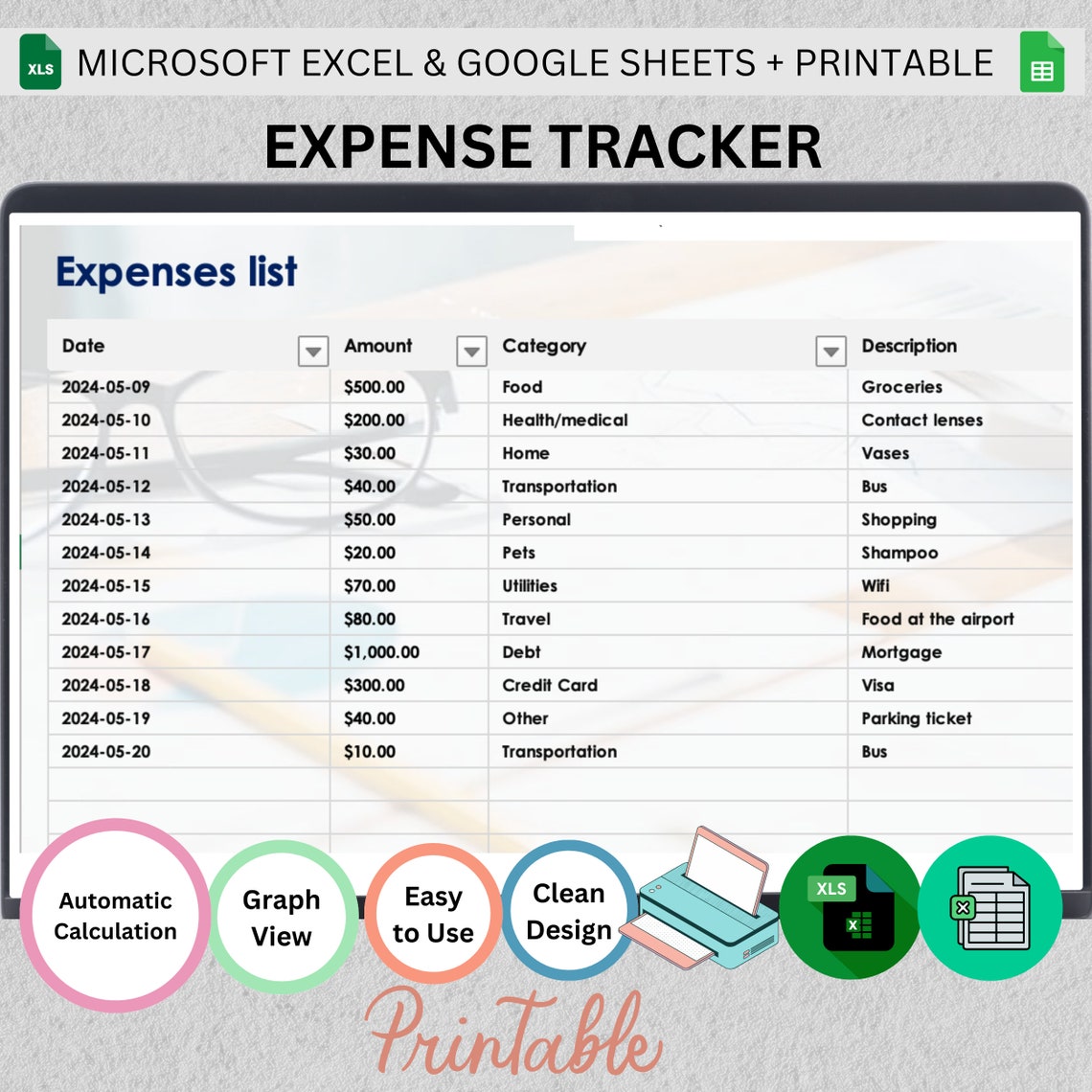 Excel Expense Tracker: Automatic Calculation, Graph View (digital ...