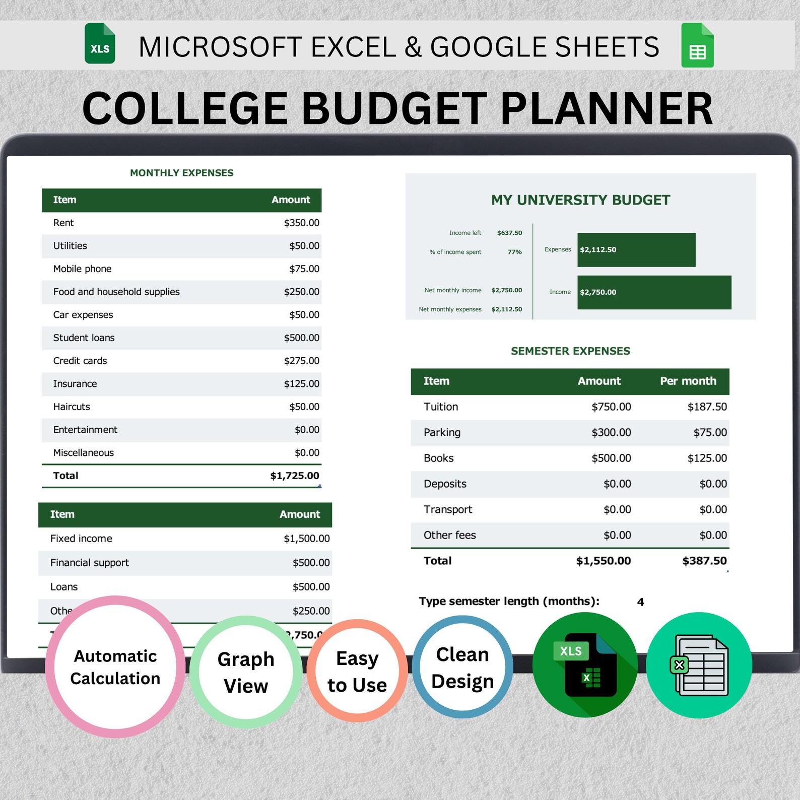 College Budget Planner: Excel & Google Sheets (digital Download) - Etsy