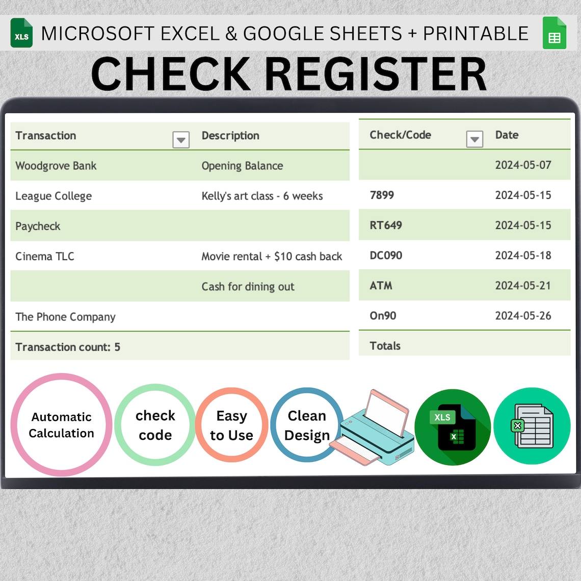 Excel Check Register Template: Printable Checkbook Register (digital ...