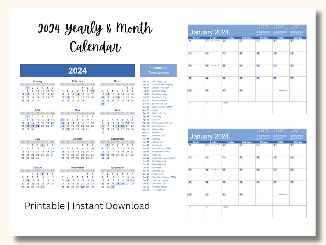 2024 Calendar Printable 2024 Year Calendar 2024 Printable Monthly ...
