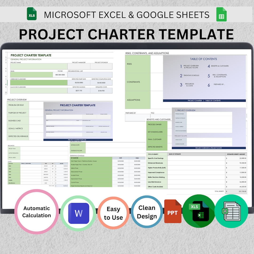 Project Charter Template Bundle Excel Spreadsheet Powerpoint Word File ...