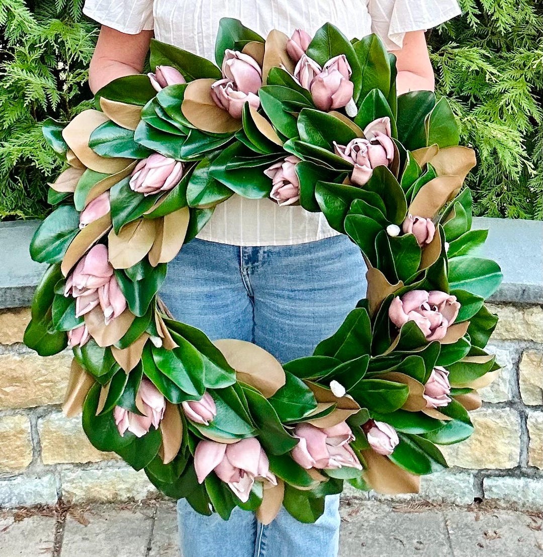 Real Touch Luxe Magnolia Flower Wreath, Year Round Wreath for Front ...