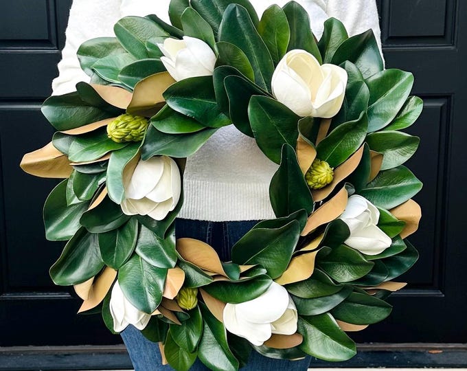 Magnolia Wreath W/ Realistic Flower Blooms Buds and Pods, Modern ...