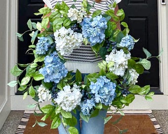 Blue Hydrangea Wreath, Spring and Summer Front Door Wreath, Farmhouse ...