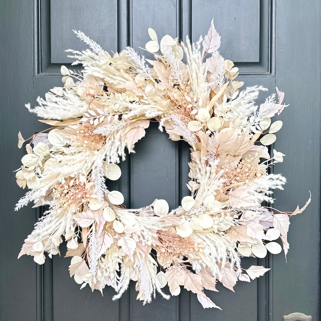 Boho Style Wreath, Monochromatic Fall Foliage and Pampas Grass Wreath ...