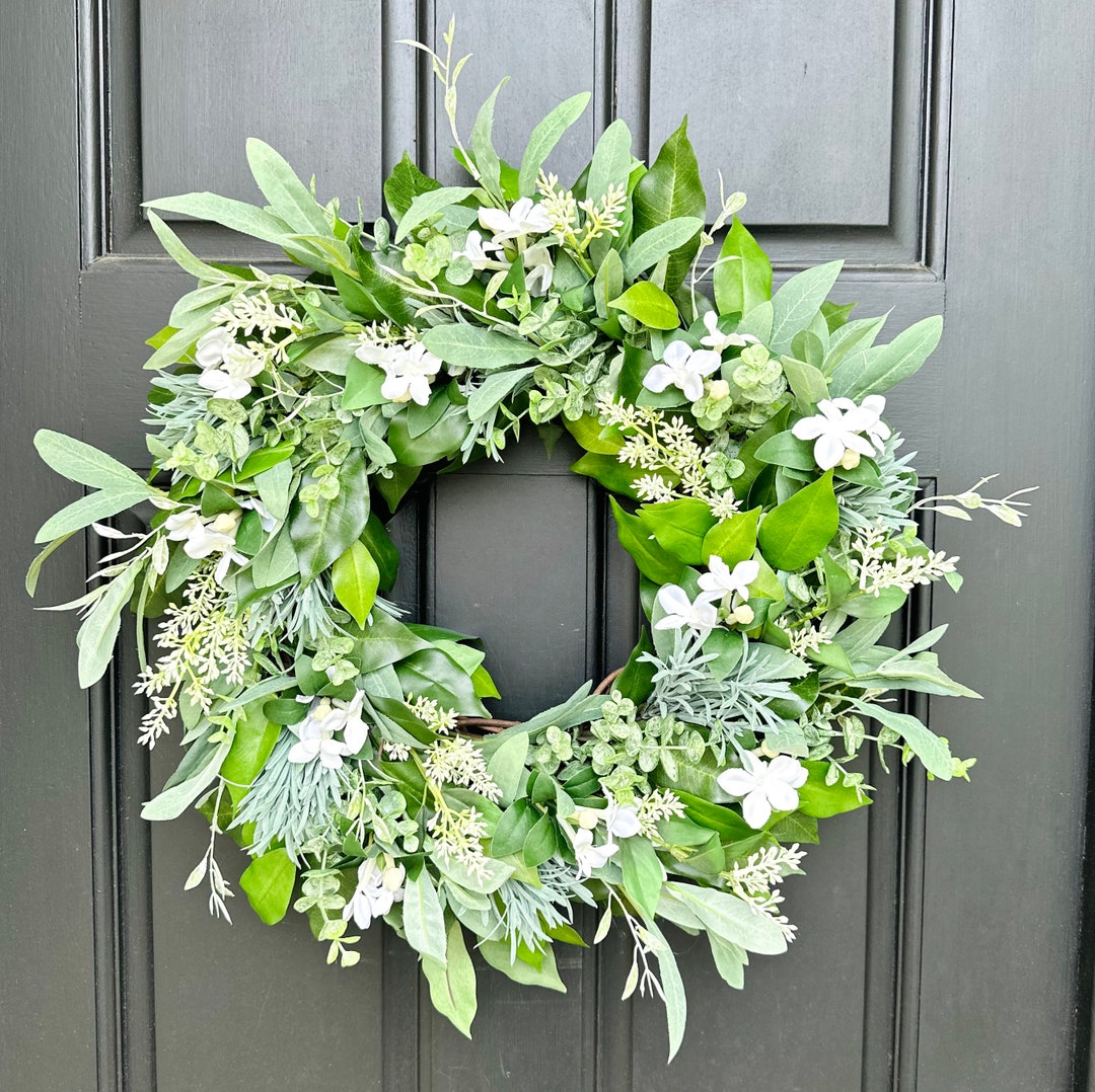 Olive Branch, Eucalyptus and White Flower Wreath, Year Round Wreath ...