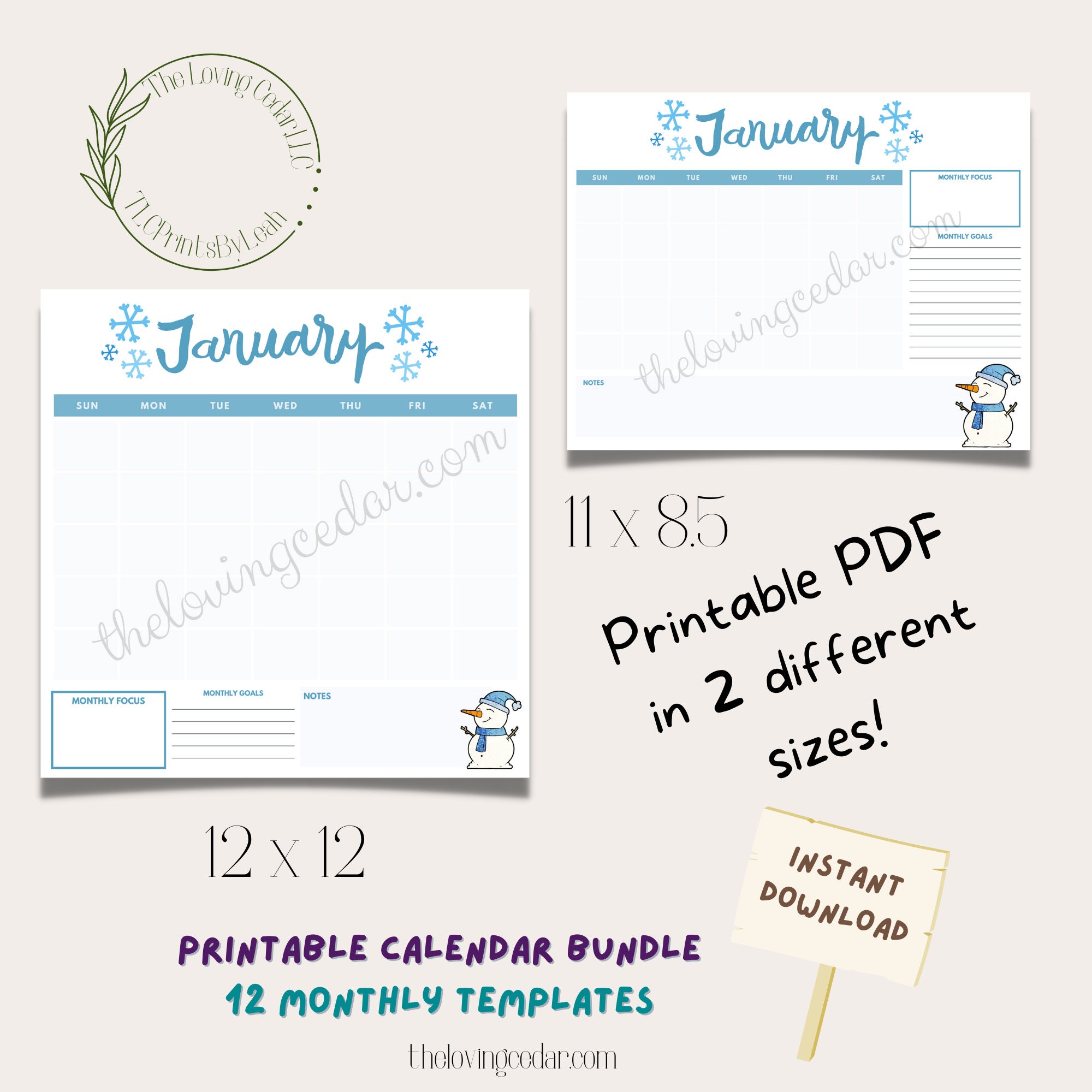 Fun PRINTABLE PDF Monthly Calendar Templates | Any Year | 12 X 12 and ...
