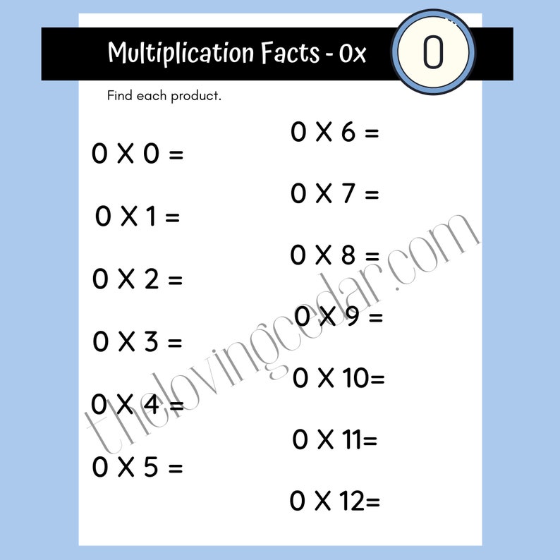 Multiplication Facts Worksheet and Times Table Pdf Instant Download | 0 ...